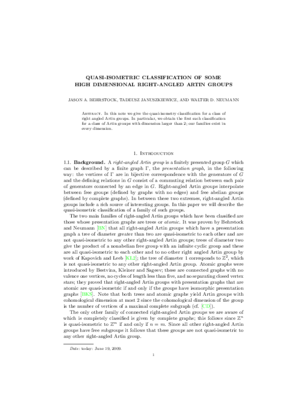 (PDF) Quasi-isometric classification of some high dimensional right-angled Artin groups | Tns ...