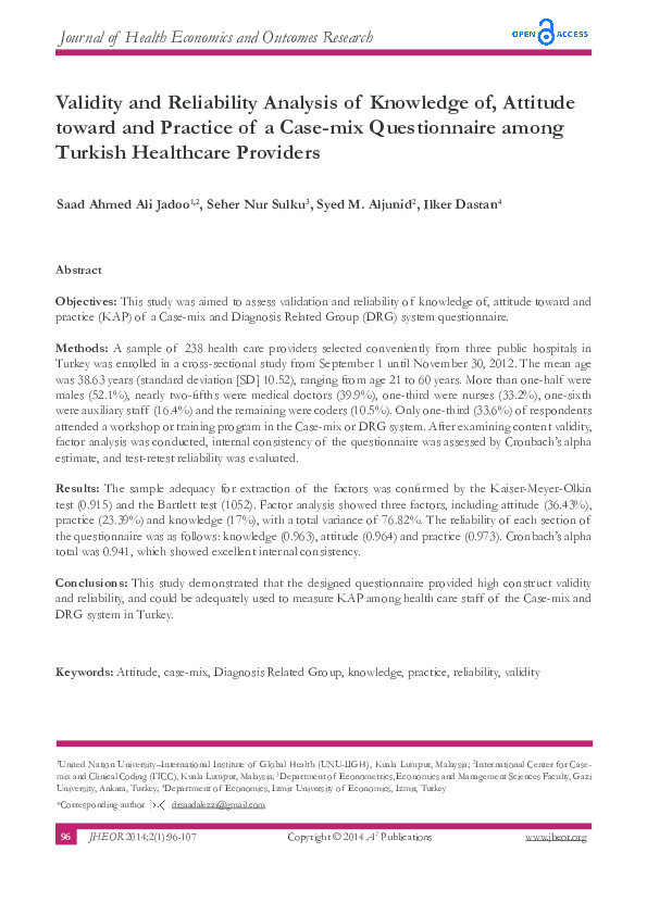 (PDF) Validity and Reliability Analysis of Knowledge of, Attitude toward and Practice of a Case ...