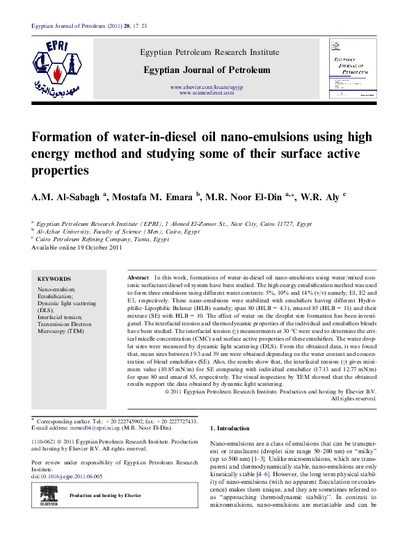 (PDF) Formation of water-in-diesel oil nano-emulsions using high energy ...