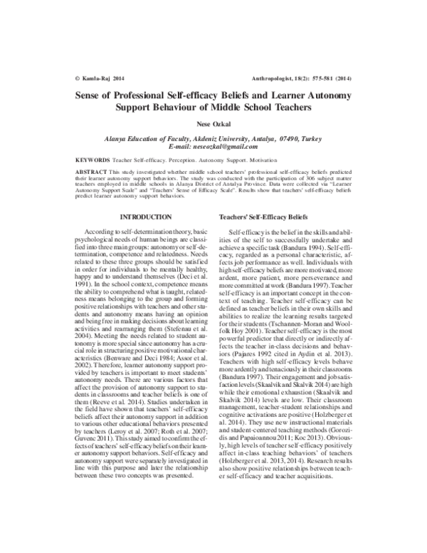 (PDF) Sense of Professional Self-efficacy Beliefs and Learner Autonomy