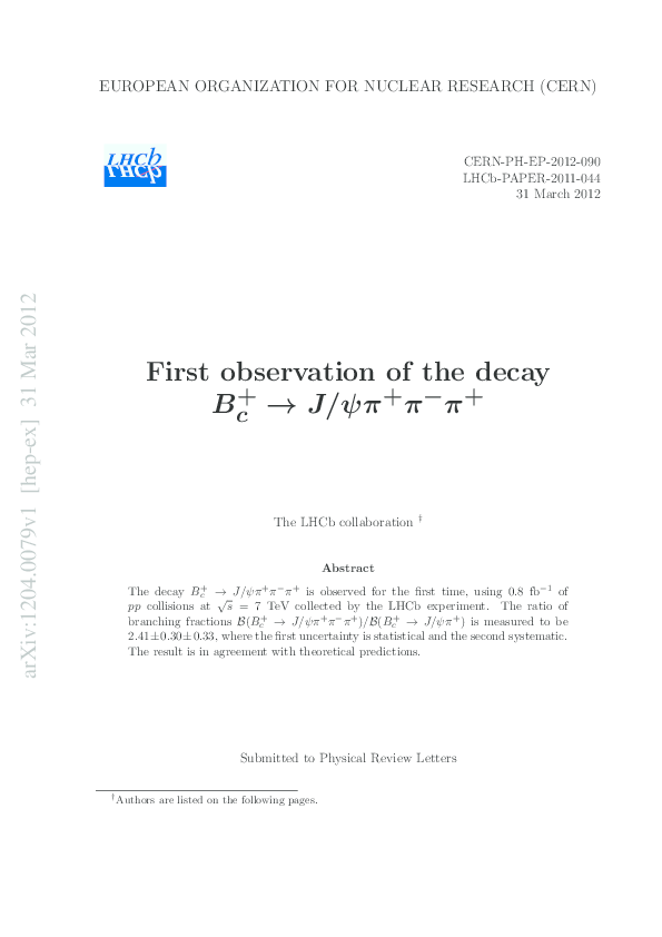 (PDF) First observation of decay $B_c^+\to J/\psi \pi^+\pi^-\pi