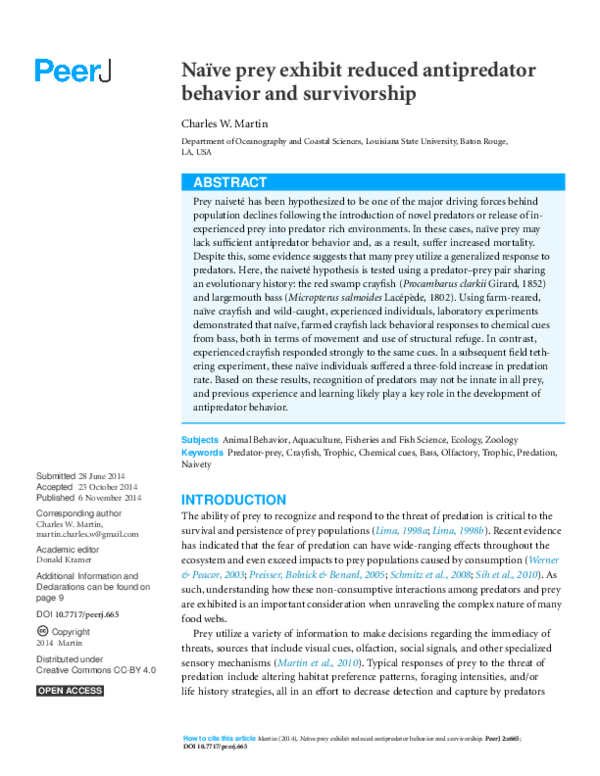 (PDF) Naïve prey exhibit reduced antipredator behavior and survivorship