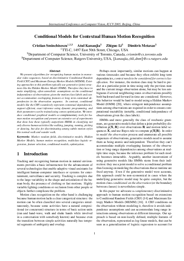 (PDF) Conditional models for contextual human motion recognition | Dimitris Metaxas - Academia.edu