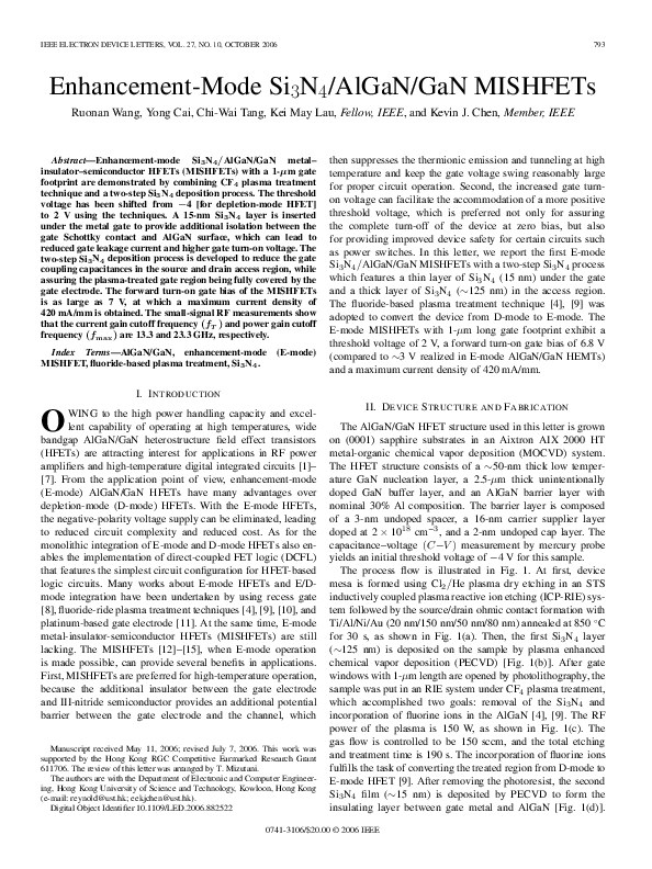 (PDF) Enhancement-Mode Si3N4/AlGaN/GaN MISHFETs (PDF) Enhancement-Mode Si3N4/AlGaN/GaN MISHFETs