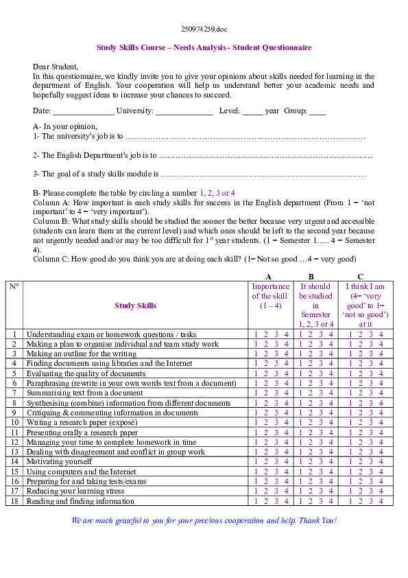 (DOC) Course - Study Skills - Needs Analysis Questionnaire