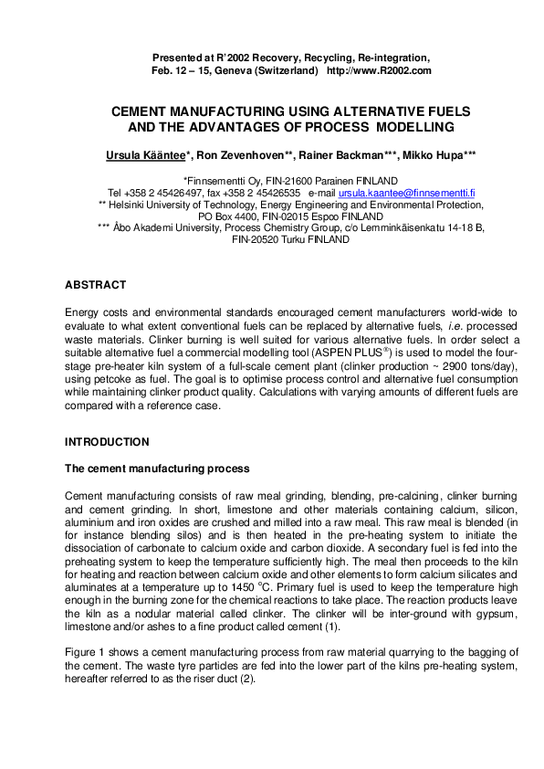 (PDF) CEMENT MANUFACTURING USING ALTERNATIVE FUELS AND THE ADVANTAGES OF PROCESS MODELLING