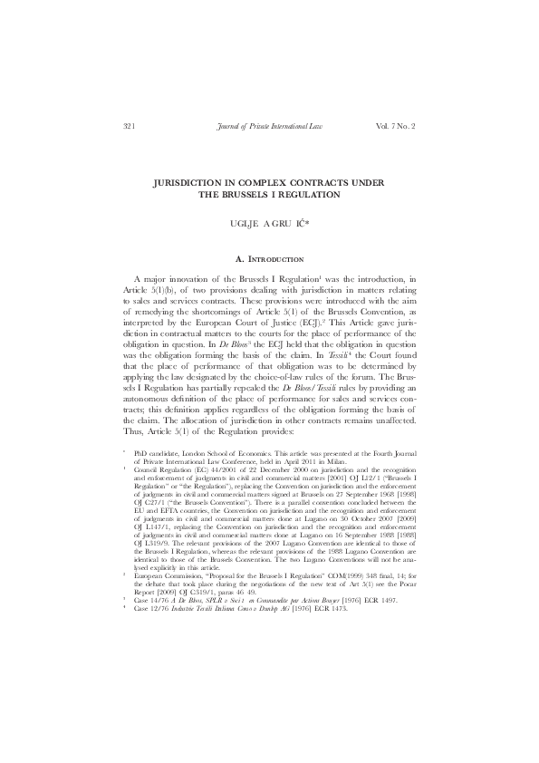 (PDF) Jurisdiction in Complex Contracts under the Brussels I Regulation ...
