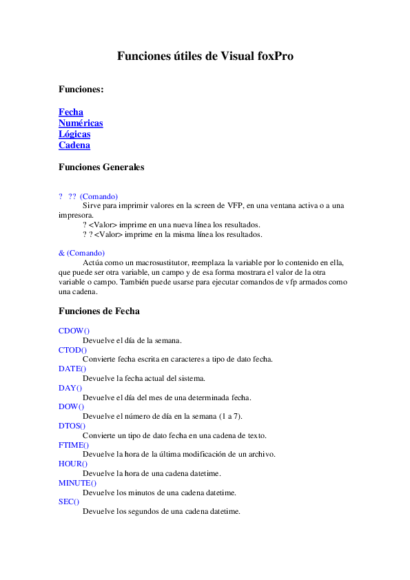 (PDF) Funciones útiles de Visual foxPro Funciones