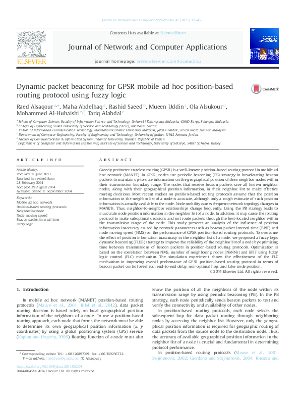 Pdf Dynamic Packet Beaconing For Gpsr Mobile Adhoc Position Based Routing Protocol Using Fuzzy