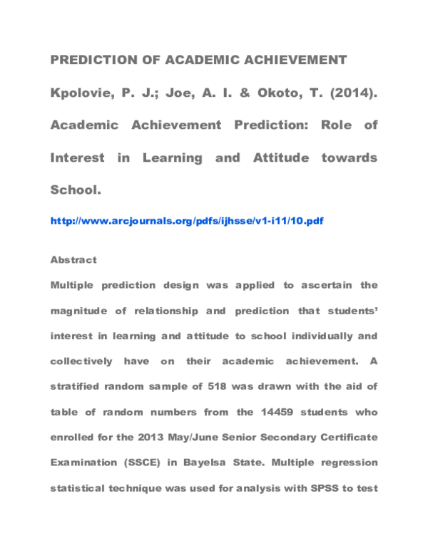 (DOC) PREDICTION OF ACADEMIC ACHIEVEMENT