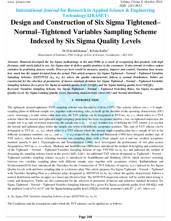(PDF) Design and Construction of Six Sigma Tightened– Normal–Tightened Variables Sampling Scheme ...