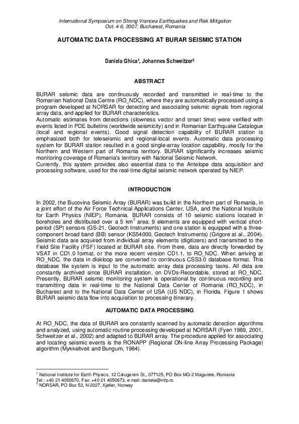 (PDF) AUTOMATIC DATA PROCESSING AT BURAR SEISMIC STATION