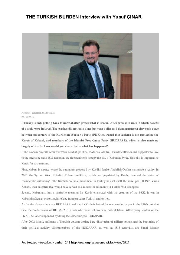 (PDF) THE TURKISH BURDEN Interview with Yusuf ÇINAR (Region Plus)