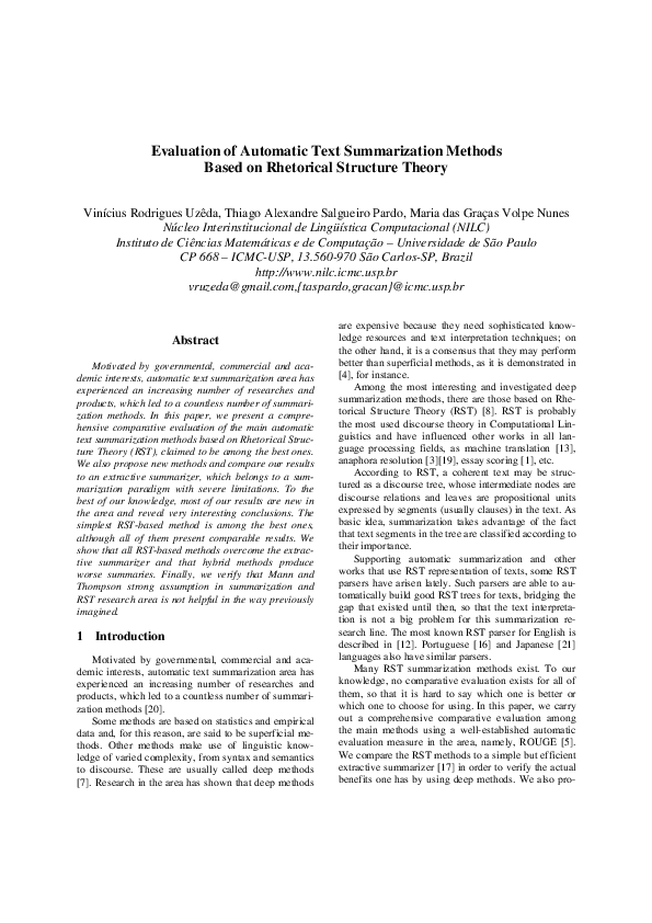 Pdf Evaluation Of Automatic Text Summarization Methods Based On Rhetorical Structure Theory