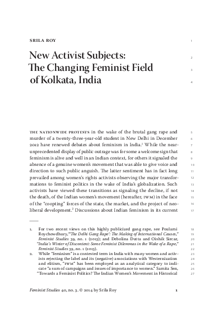 (PDF) New Activist Subjects: The Changing Feminist Field of Kolkata, India
