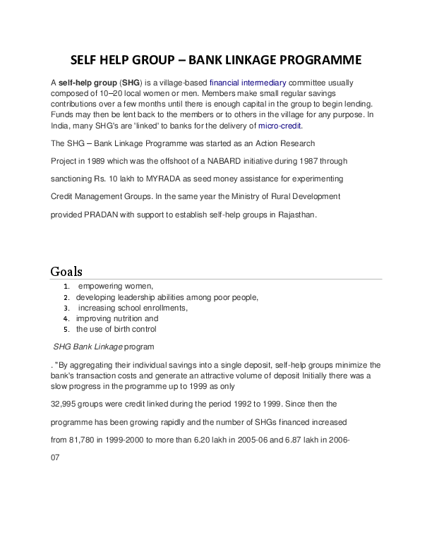 (DOC) SELF HELP GROUP – BANK LINKAGE PROGRAMME