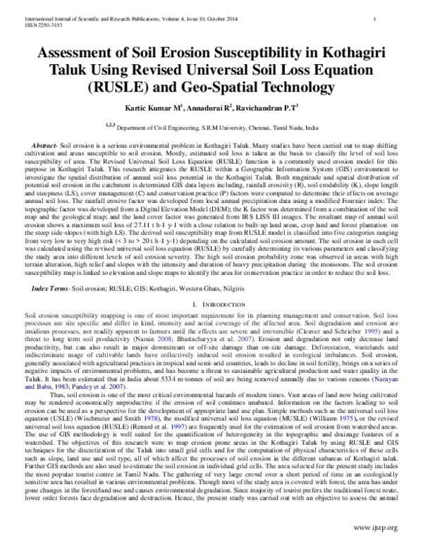(PDF) Assessment of Soil Erosion Susceptibility in Kothagiri Taluk Using Revised Universal Soil ...