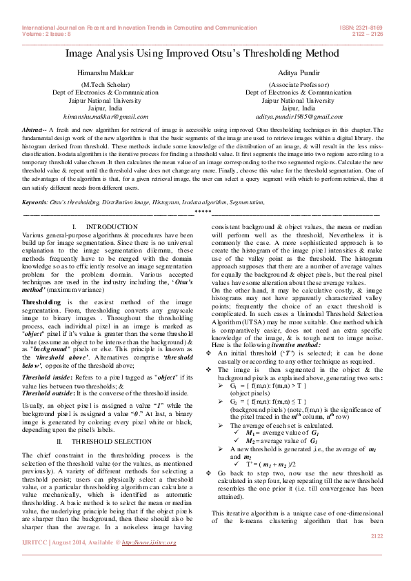 (PDF) Image Analysis Using Improved Otsu‘s Thresholding Method