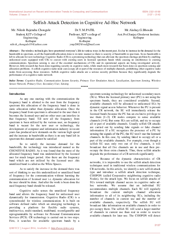 (PDF) Selfish Attack Detection in Cognitive Ad-Hoc Network
