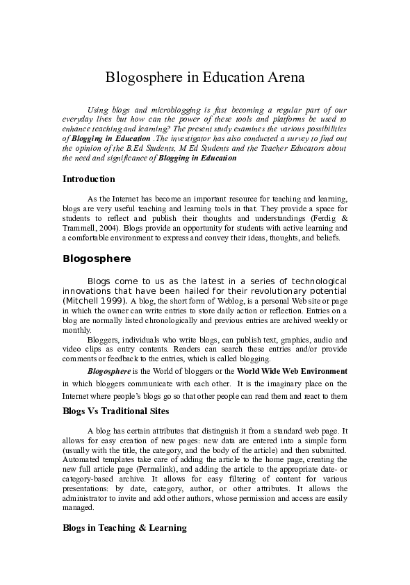 (DOC) Blogosphere in Education Arena