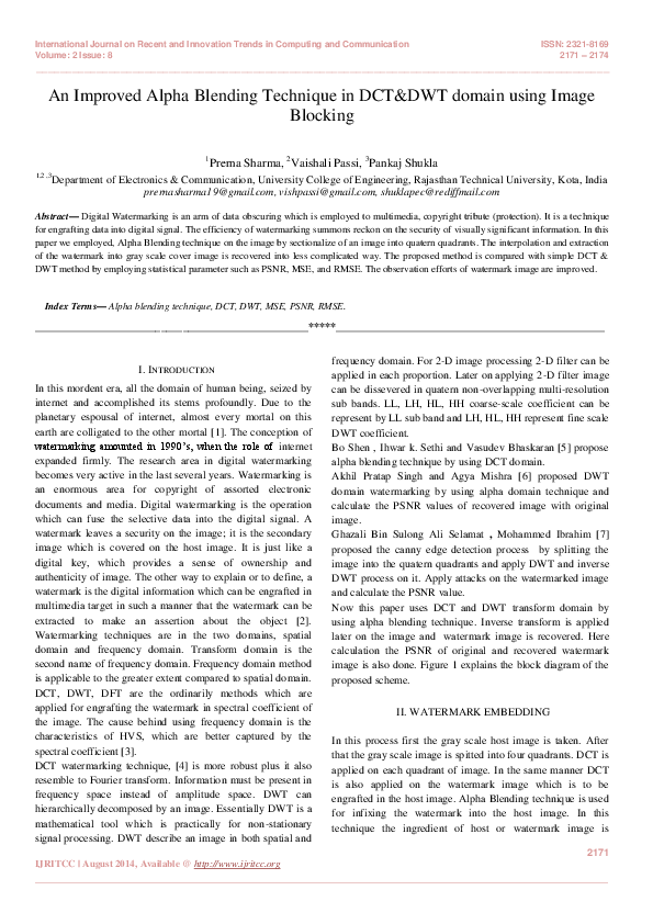 (PDF) An Improved Alpha Blending Technique in DCT&DWT domain using Image Blocking
