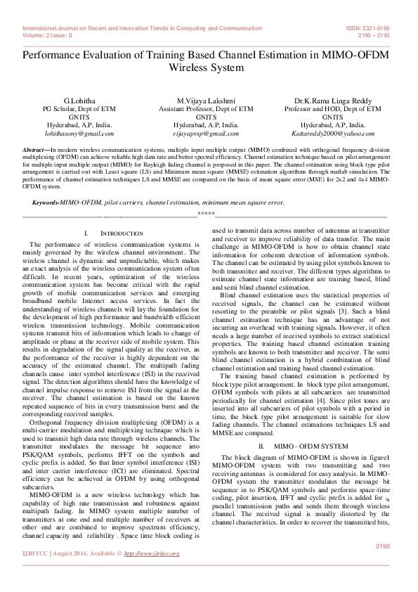 (PDF) Performance Evaluation of Training Based Channel Estimation in ...