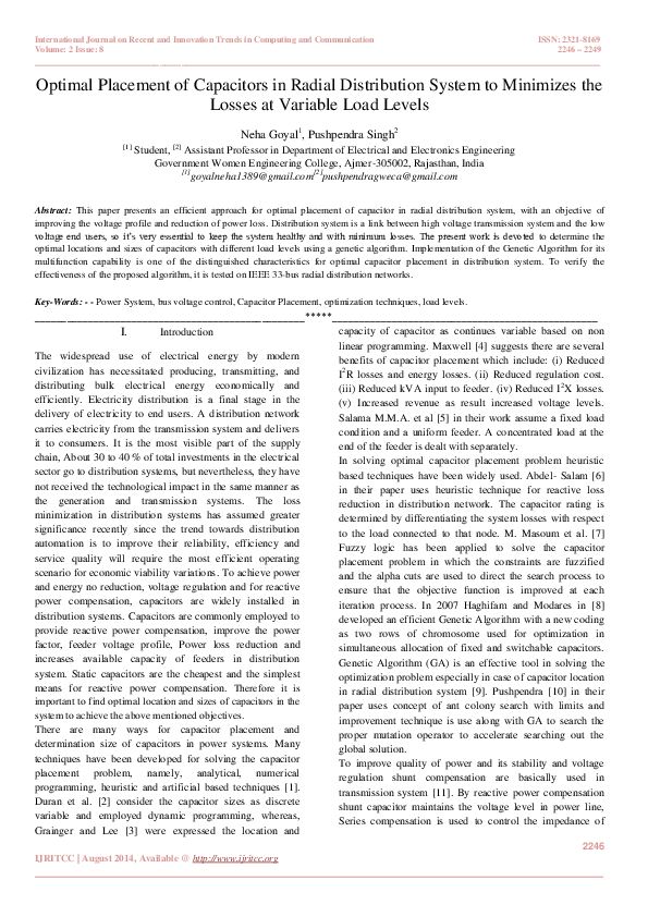 Pdf Optimal Placement Of Capacitors In Radial Distribution System To Minimizes The Losses At