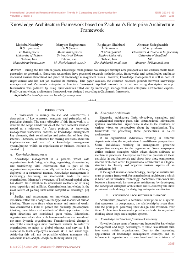 (PDF) Knowledge Architecture Framework based on Zachman's Enterprise Architecture Framework