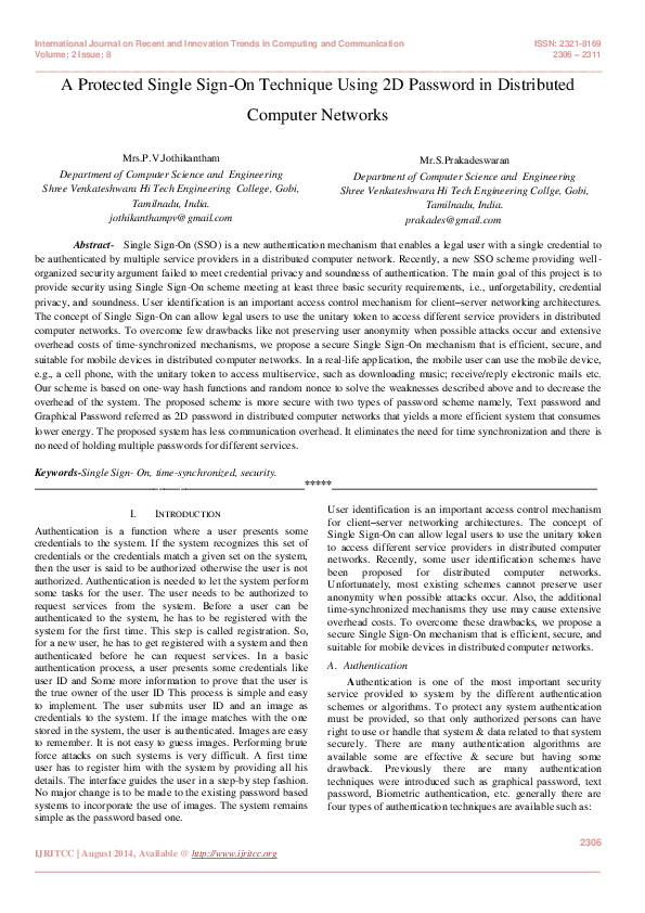(PDF) A Protected Single Sign-On Technique Using 2D Password in Distributed Computer Networks