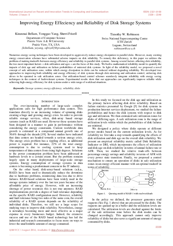 (PDF) Improving Energy Effeciency and Reliability of Disk Storage Systems