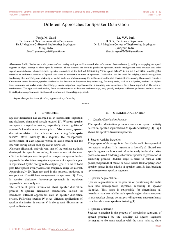 (PDF) Different Approaches for Speaker Diarization