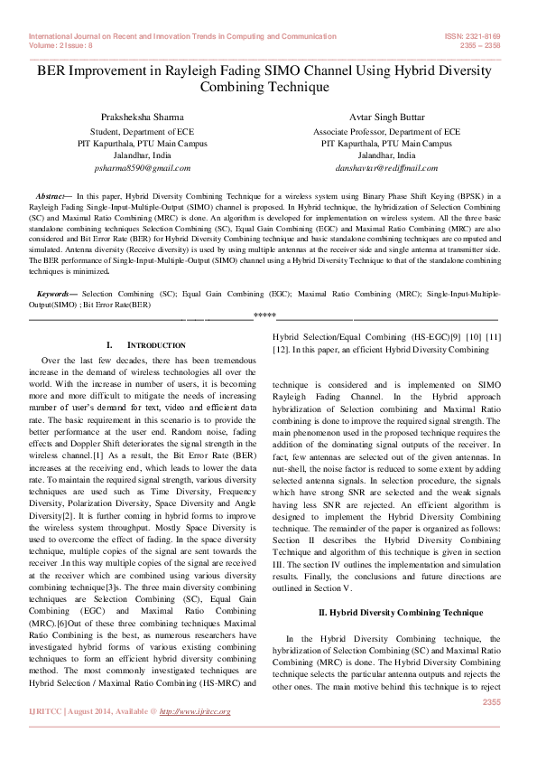 (PDF) BER Improvement in Rayleigh Fading SIMO Channel Using Hybrid ...