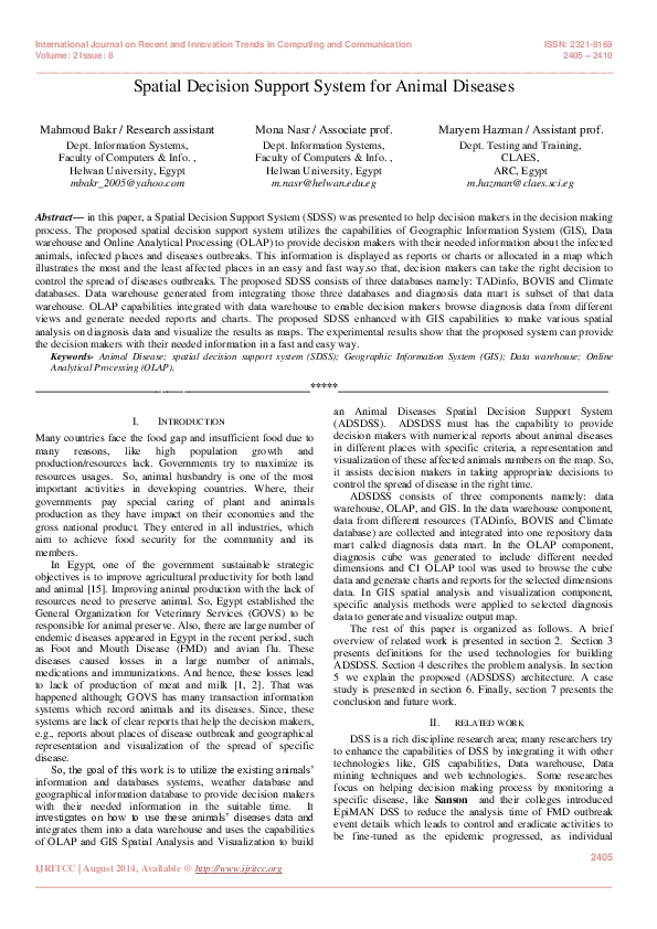 (PDF) Spatial Decision Support System for Animal Diseases