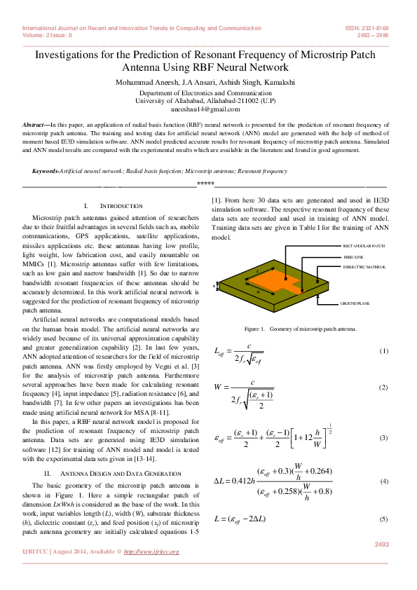 (PDF) Investigations for the Prediction of Resonant Frequency of Microstrip Patch Antenna Using ...