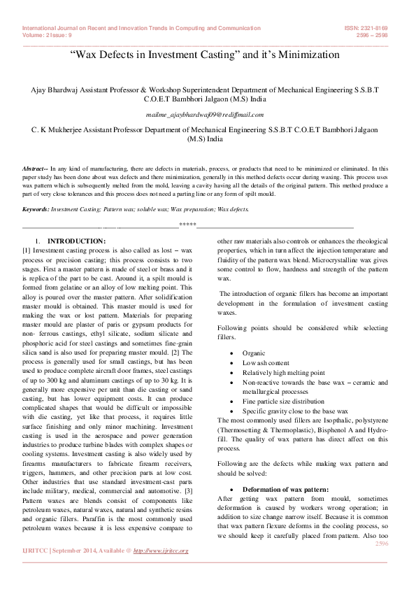 (PDF) “Wax Defects in Investment Casting” and it’s Minimization