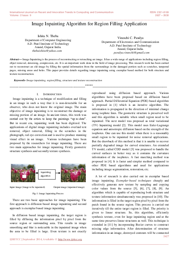 (PDF) Image Inpainting Algorithm for Region Filling Application