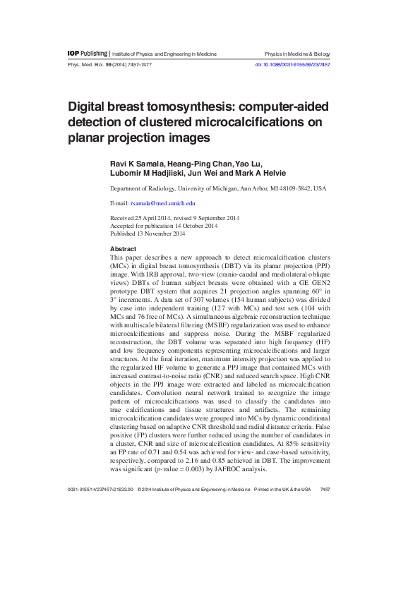 Pdf Digital Breast Tomosynthesis Computer Aided Detection Of Clustered Microcalcifications On