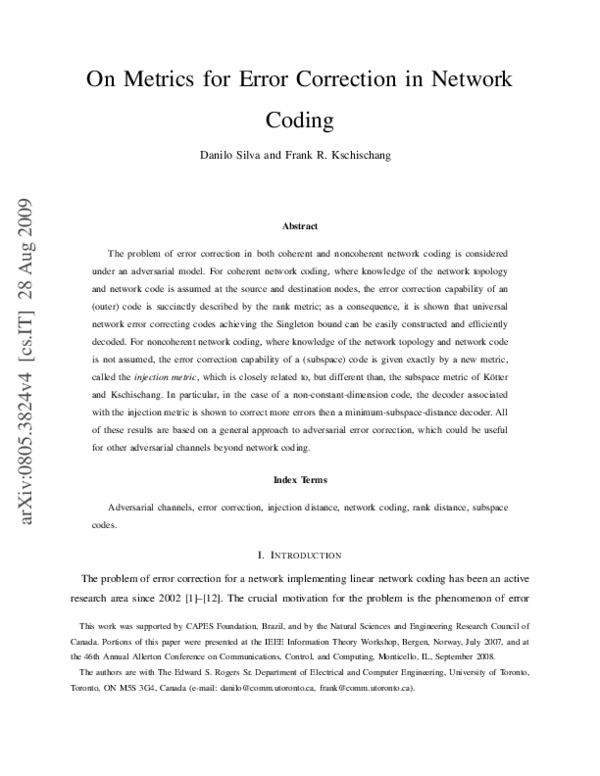(PDF) On Metrics for Error Correction in Network Coding