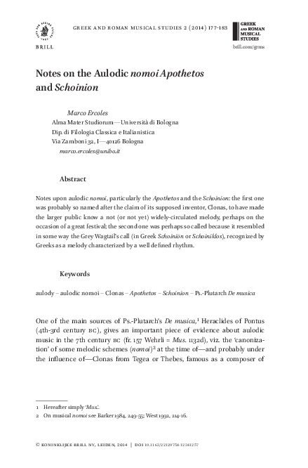 Notes on the Aulodic nomoi Apothetos and Schoinion