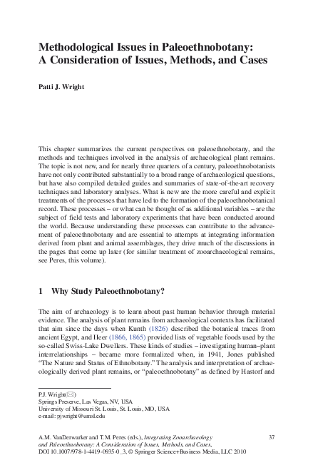 (PDF) Methodological Issues in Paleoethnobotany: A consideration of Issues, Methods, and Cases