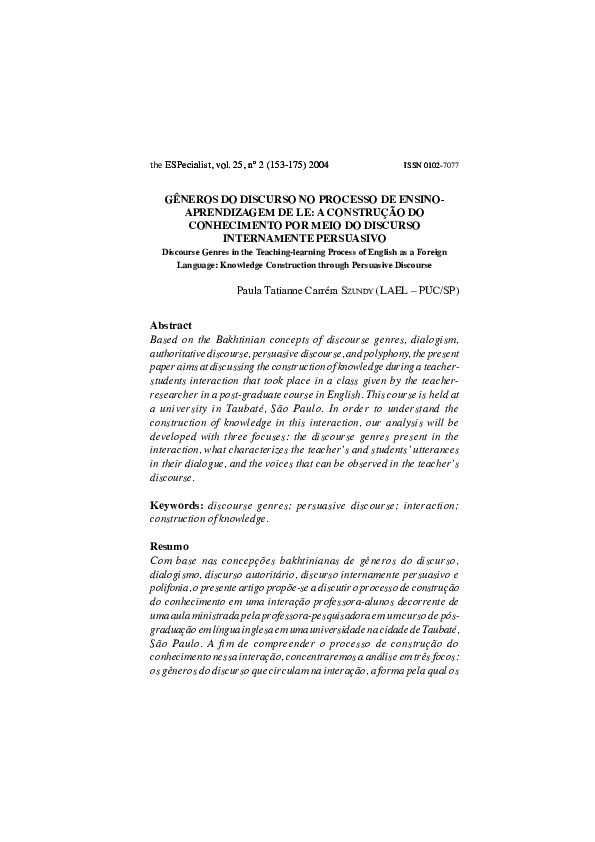 (PDF) Discourse Genres in the Teaching-learning Process of English as a Foreign Language ...