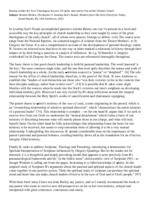 (PDF) Review: Beeley, Christopher A. Leading God’s People: Wisdom from ...