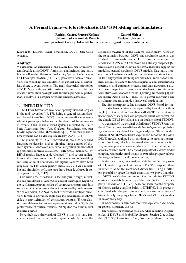 Pdf A Formal Framework For Stochastic Devs Modeling And Simulation 0908