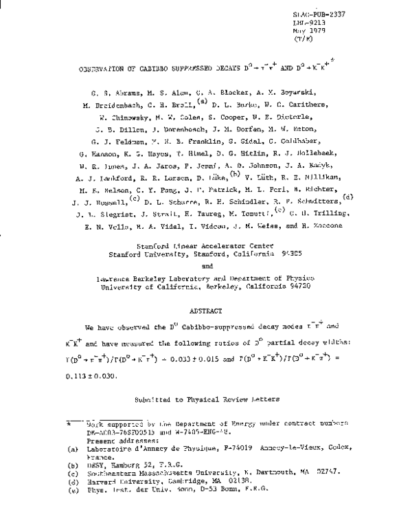 (PDF) OBSERVATION OF CABIBBO SUPPRESSED DECAYS D'+Rx+ AND D'+K-K
