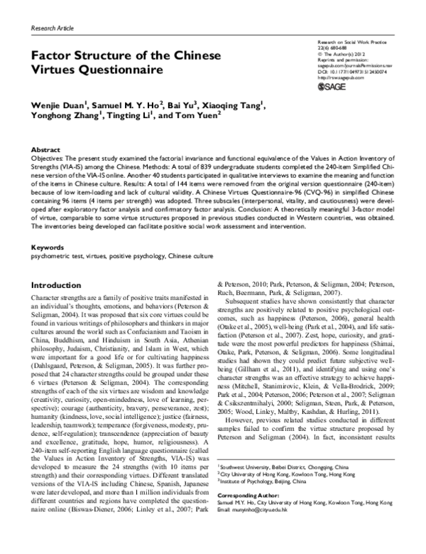 (PDF) Factor Structure of the Chinese Virtues Questionnaire