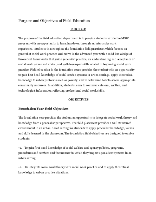 (DOC) Purpose and Objectives of Field Education