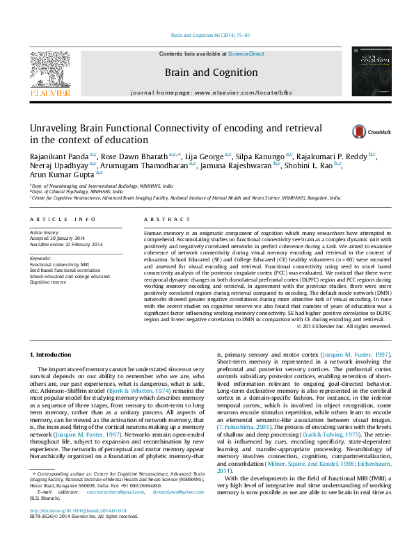 (PDF) Unraveling Brain Functional Connectivity of encoding and retrieval in the context of education