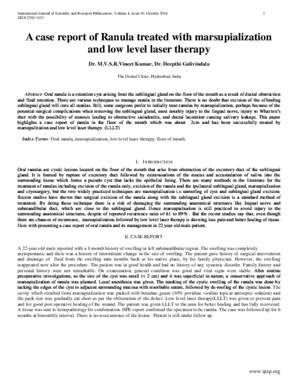 (PDF) A case report of Ranula treated with marsupialization and low ...