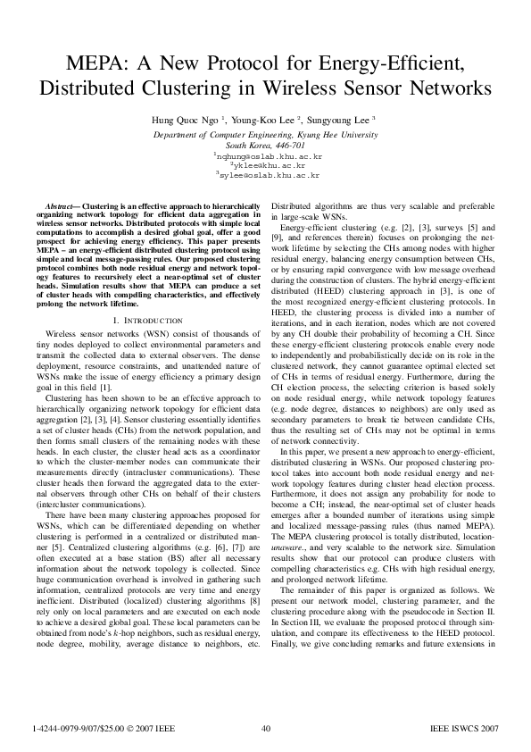 (PDF) MEPA: A New Protocol for Energy-Efficient, Distributed Clustering in Wireless Sensor Networks