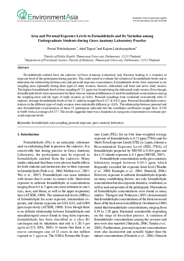 (PDF) Area and Personal Exposure Levels to Formaldehyde and Its ...